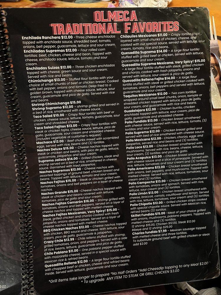 Menu at El Olmeca restaurant, Owens Cross Roads, US-431 S