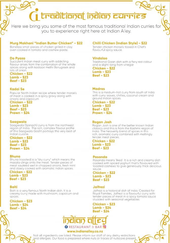 Menu at Indian Alley Wakefield Restaurant and Bar, Wellington