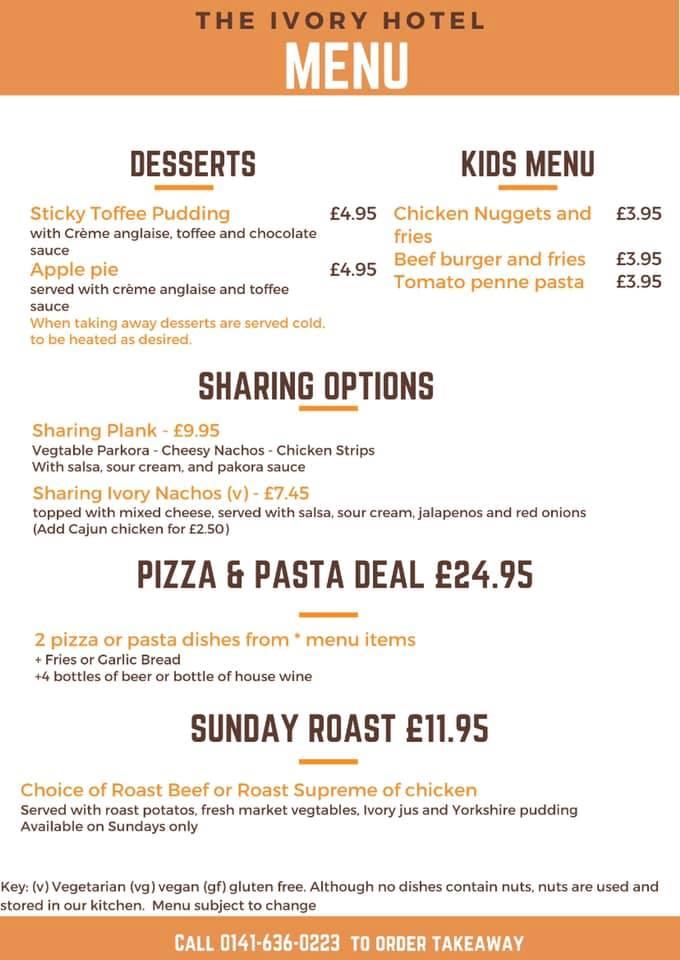 Menu at The Ivory Hotel pub & bar, Glasgow