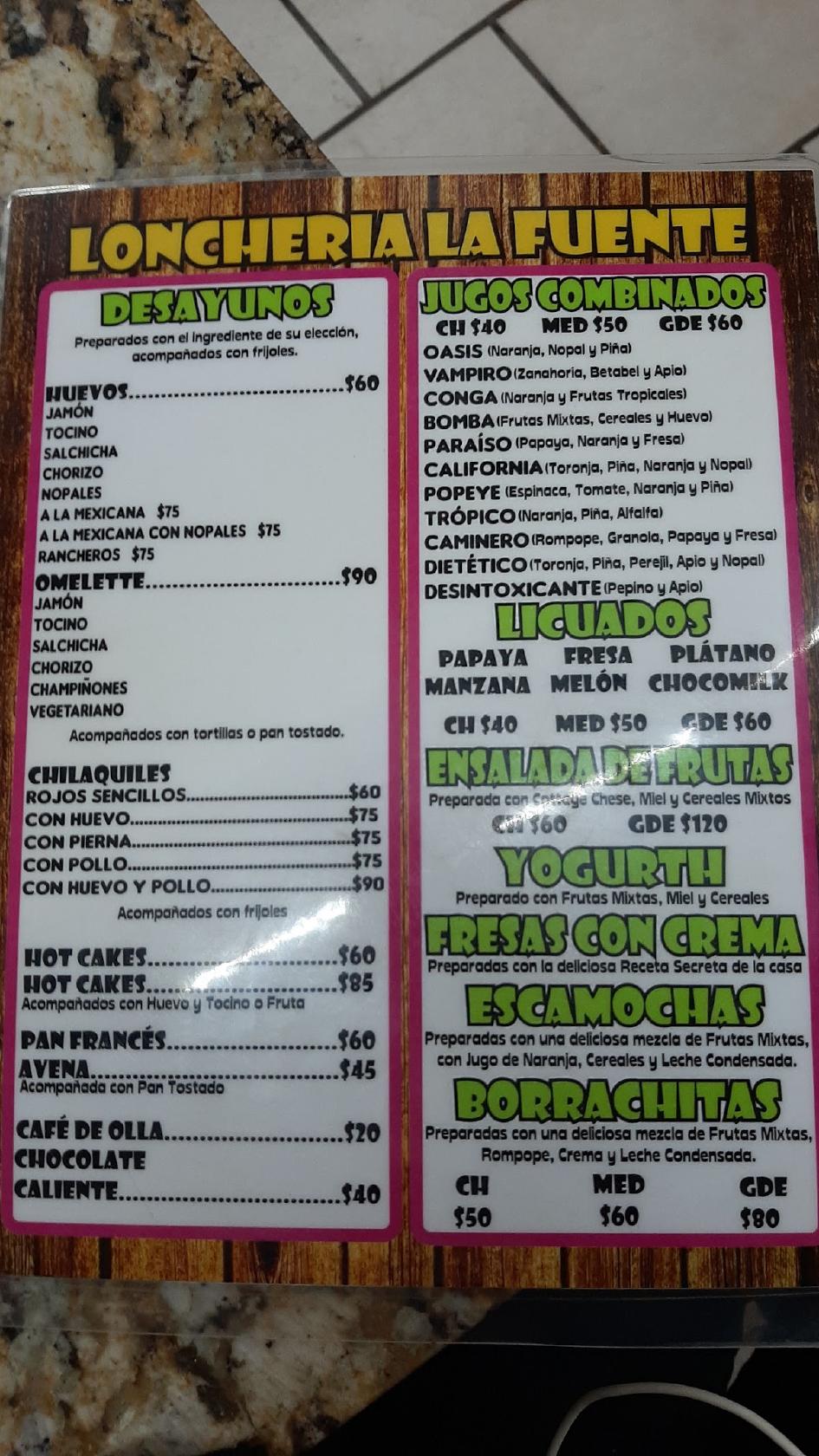 Menu at La Fuente restaurant, Rosarito, Carr. Transpeninsular 294-Loc C