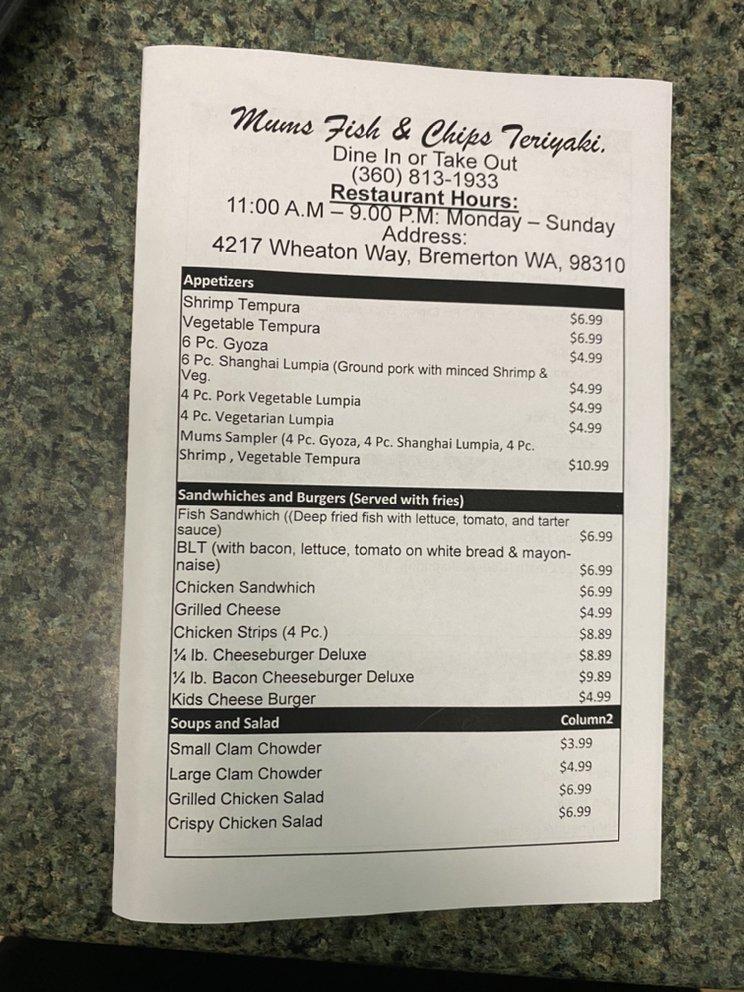 Menu at Mum's Fish & Chips Teriyaki restaurant, Bremerton, Wheaton Way