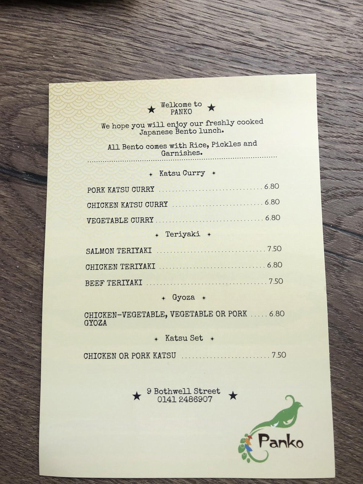 Menu at Panko cafe, Glasgow