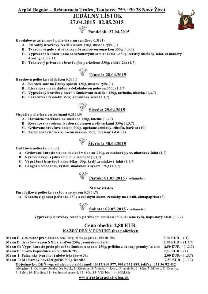 Menu at Reštaurácia TROFEA restaurant, Nový Život