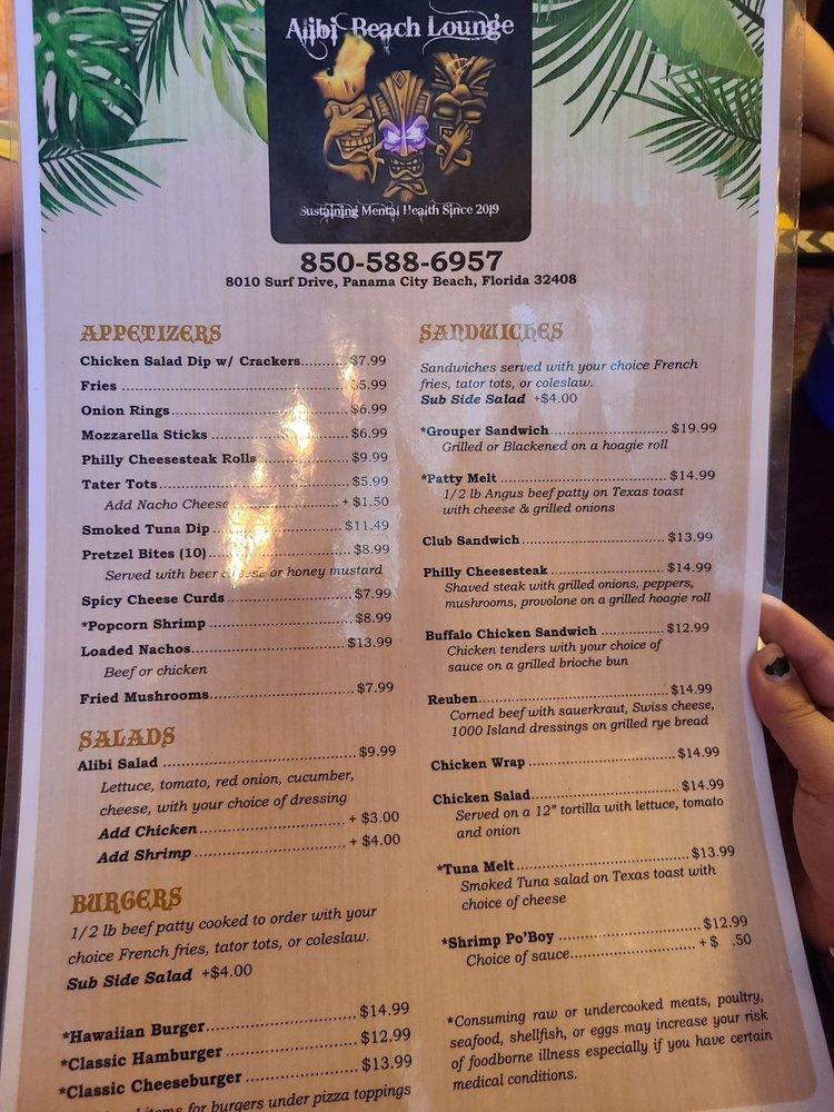 Menu at The Alibi Beach Lounge & Grill pub & bar, Panama City Beach