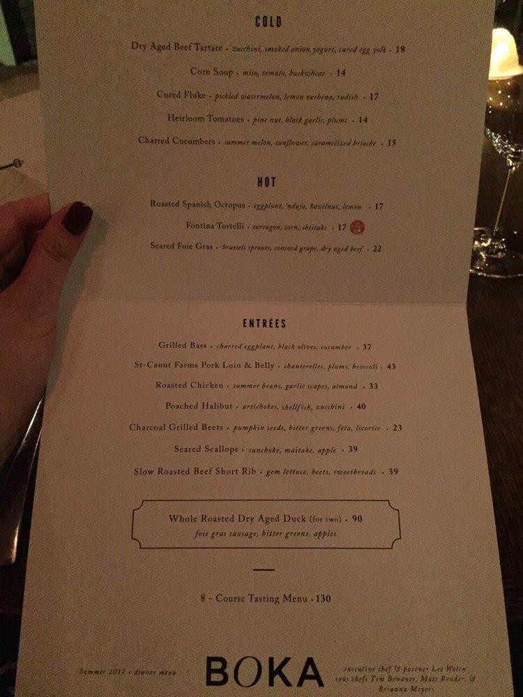 Menu at Boka restaurant, Chicago