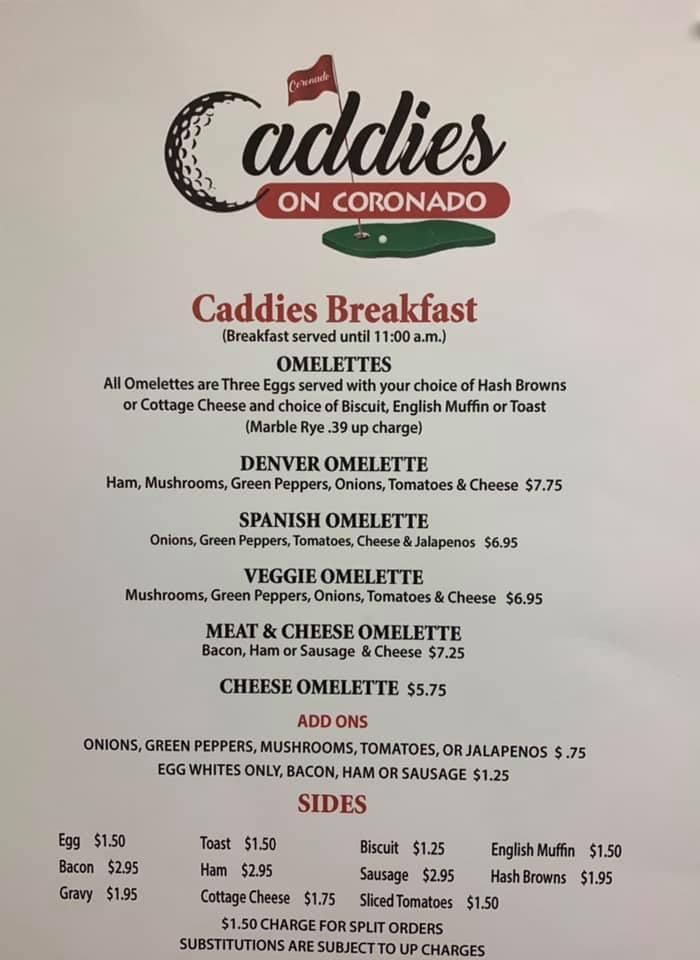 Menu at Caddies on Coronado restaurant, Hot Springs Village
