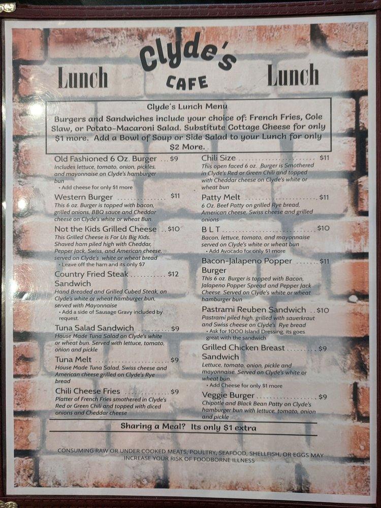 Menu at Clyde's Cafe, Delta