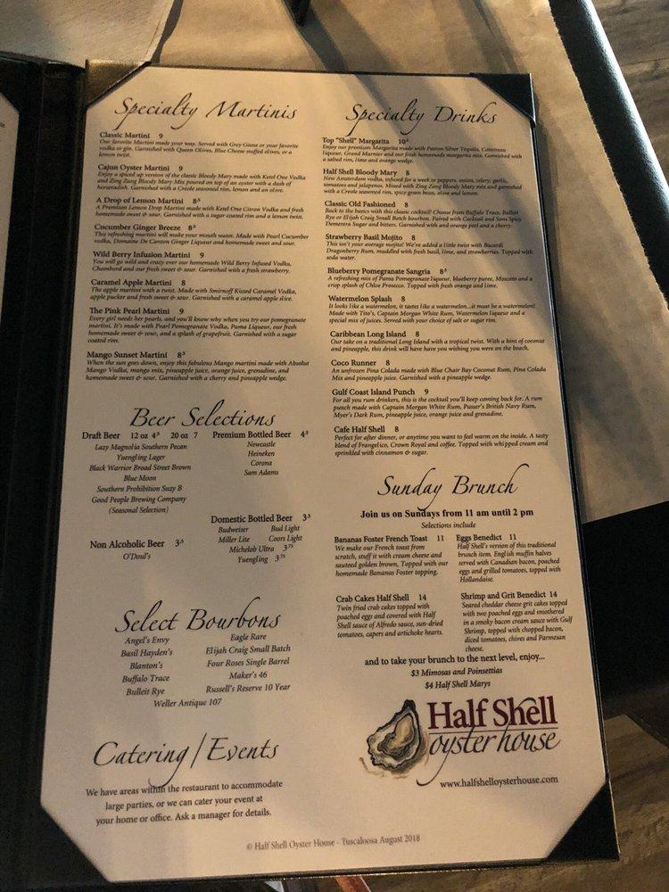 Menu at Half Shell Oyster House restaurant, Tuscaloosa