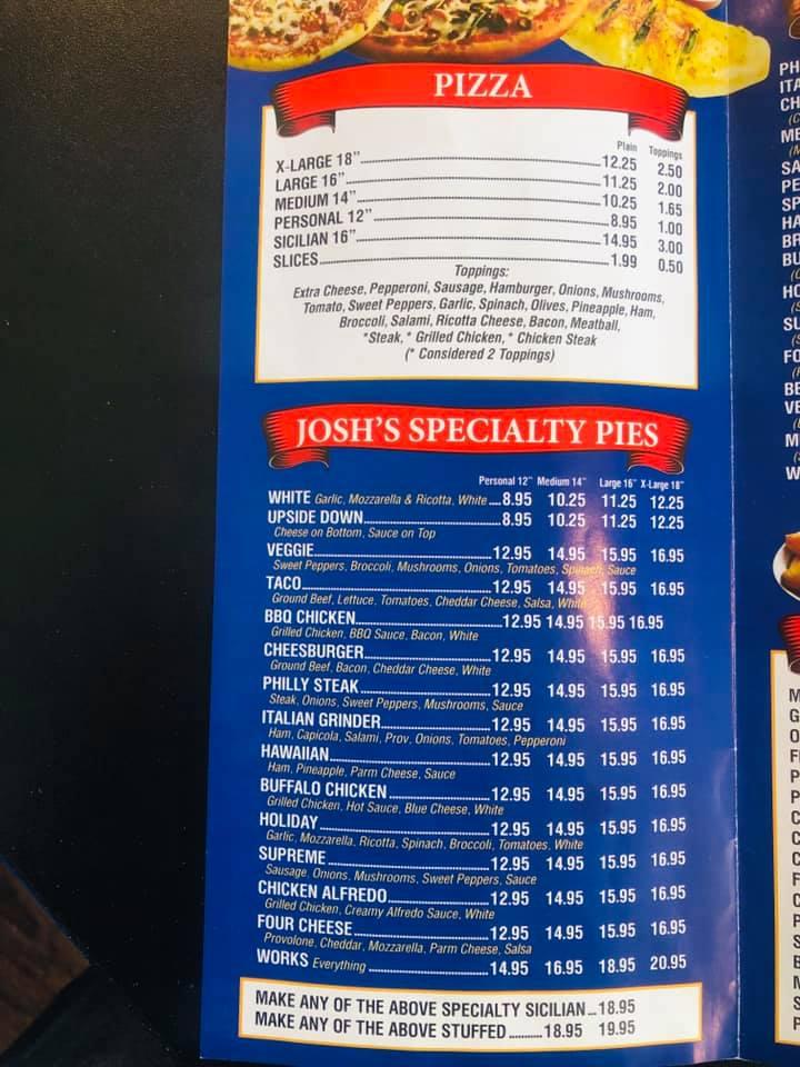 Menu at Josh's Pizza pizzeria, Boyertown
