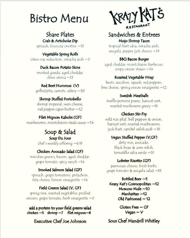 Menu at Krazy Kat's restaurant, Wilmington