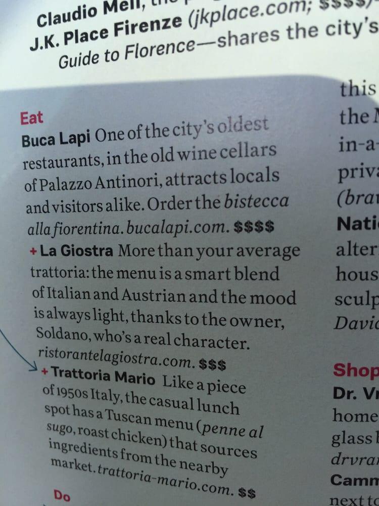 Menu at La Giostra restaurant, Florence, Borgo Pinti