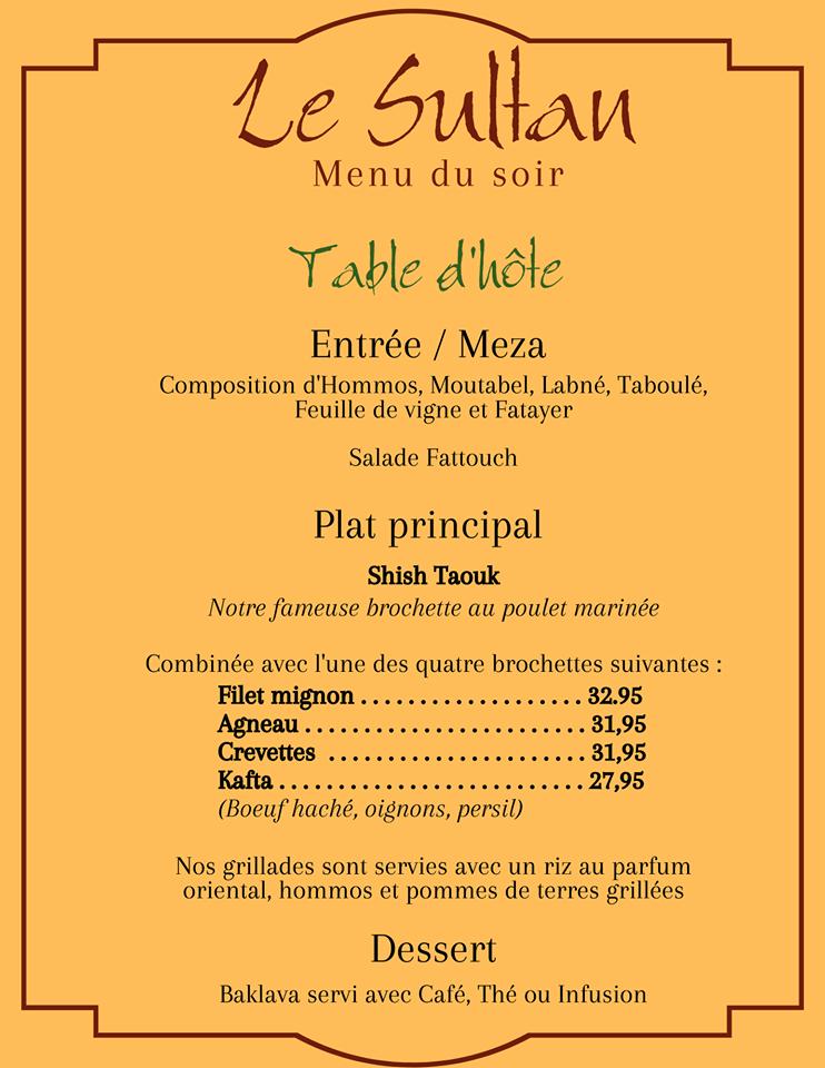 Menu au Le Sultan restaurant, Sherbrooke