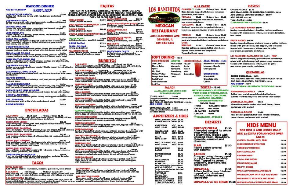 Menu at Los Ranchitos Mexican Restaurant, Geneseo