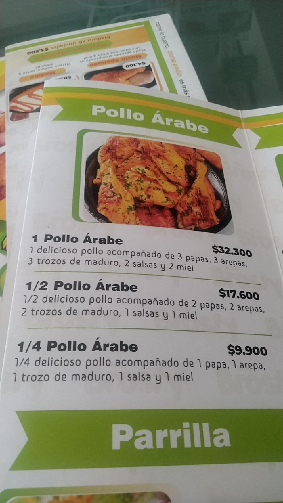 Menu at MEGA Brosty Pollo arabe restaurant, Medellín