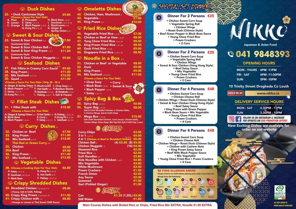 Menu at Nikko restaurant, Drogheda