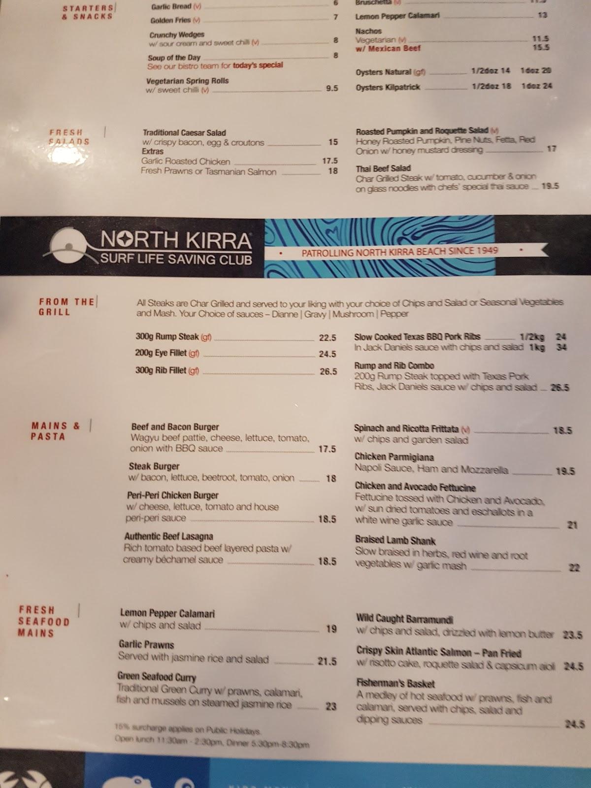 Menu at North Kirra SLSC restaurant, Bilinga