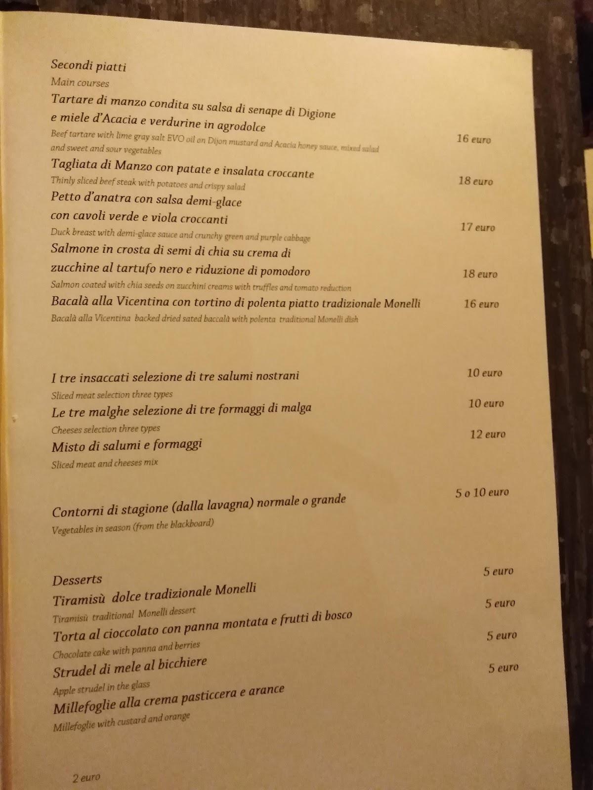 Menu at Osteria Monelli restaurant, Vicenza