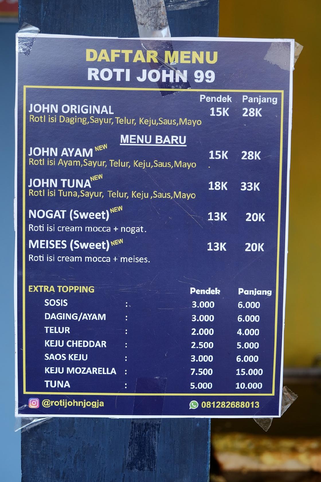 Menu at Roti John 99 restaurant, Yogyakarta, Jl. Kusumanegara No.26