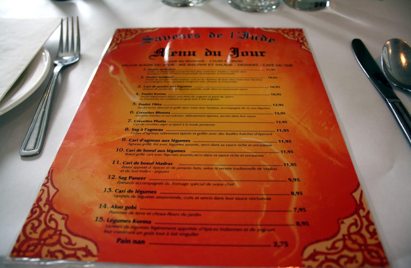 Menu au Saveur De L'Inde restaurant, Québec