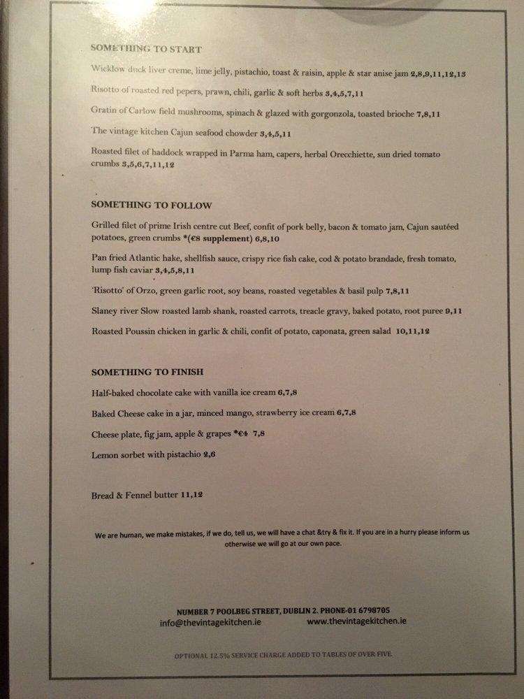 Menu at The Vintage Kitchen restaurant, Dublin, 7 Poolbeg St