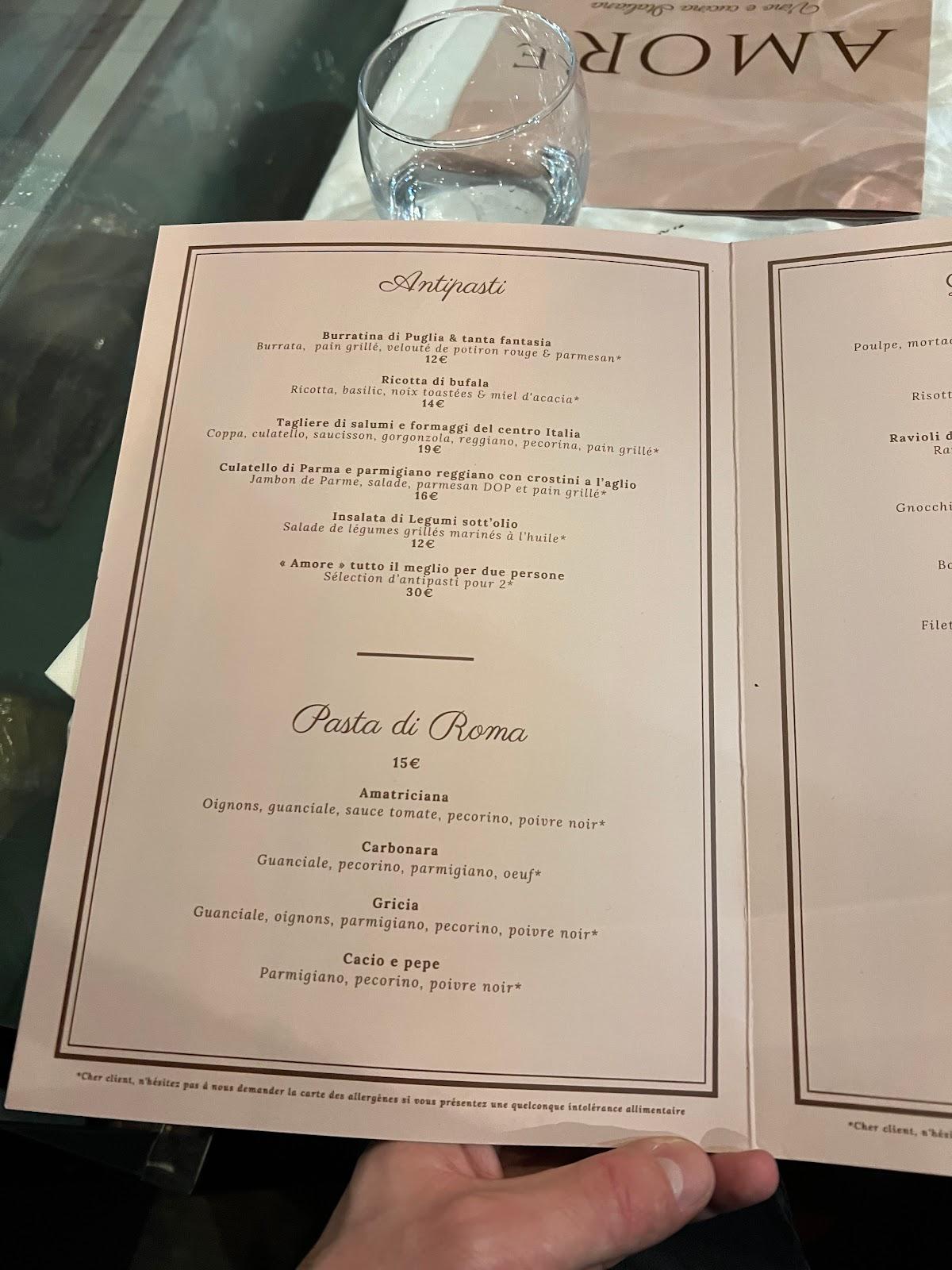 Menu at Amore restaurant, Paris