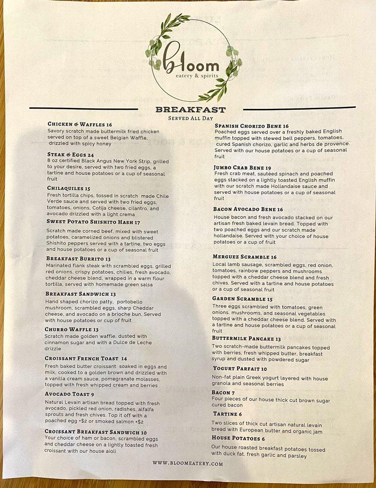 Menu at Bloom pub & bar, Santa Clara