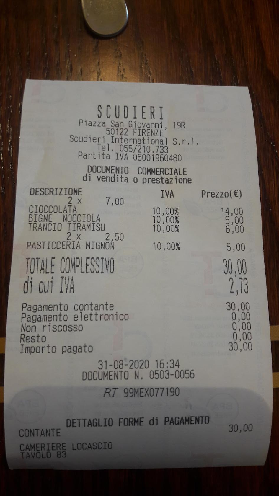 Menu at Caffè Scudieri Firenze cafeteria, Florence