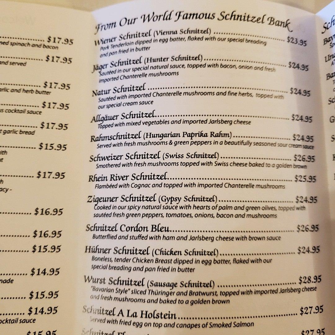 Menu at Chef Klaus' Bier Stube restaurant, Frankfort