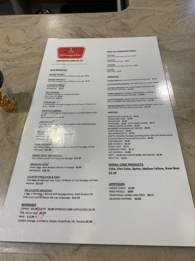 Menu at Hathaway's Diner restaurant, Cincinnati