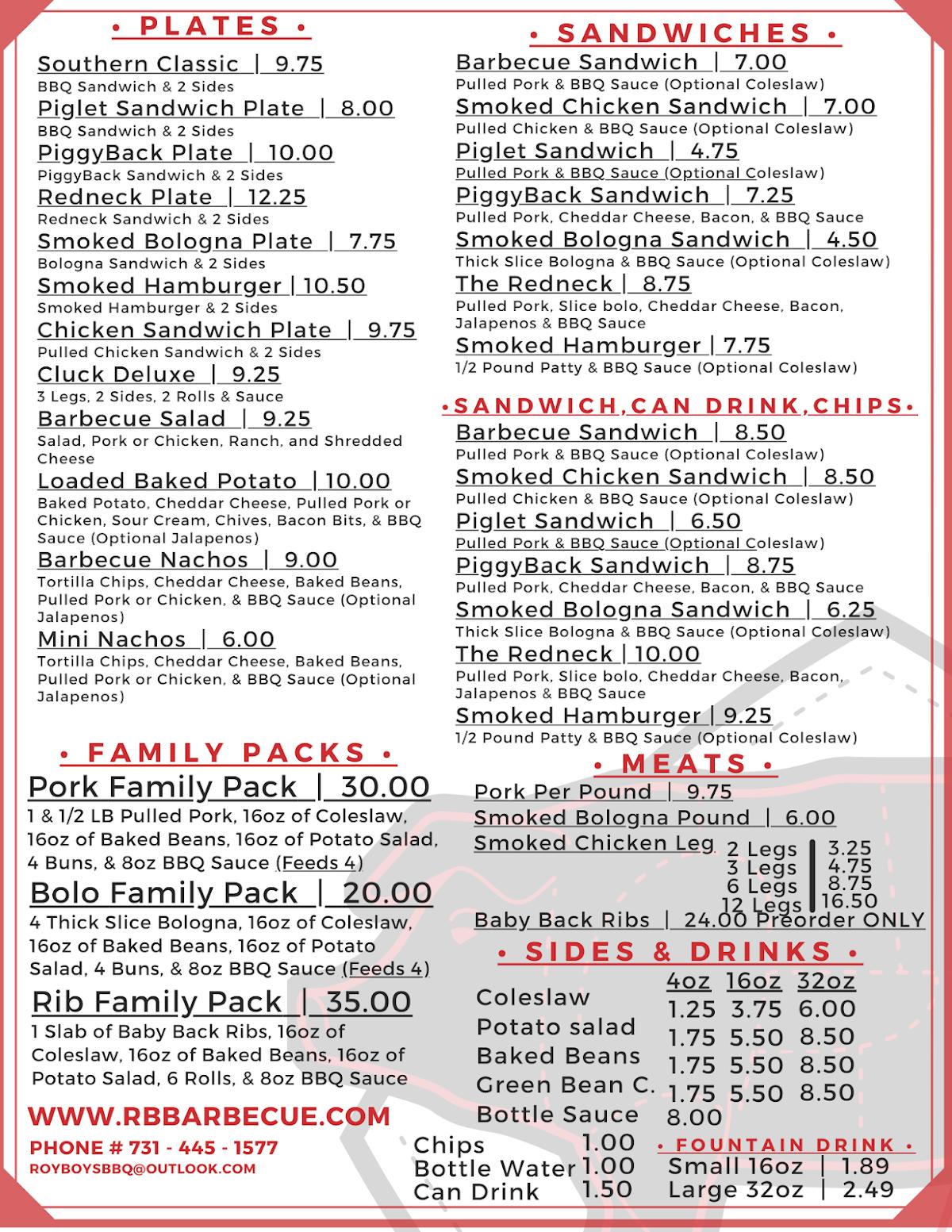 Menu at Roy Boy's Barbecue, Dyersburg, St John Ave