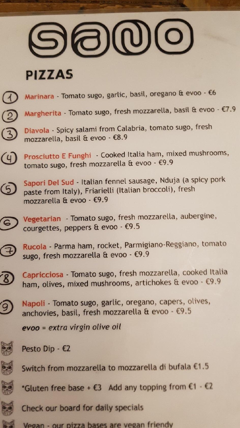 Menu at Sano Pizza pizzeria, Dublin, 1-2 Exchange Street Upper