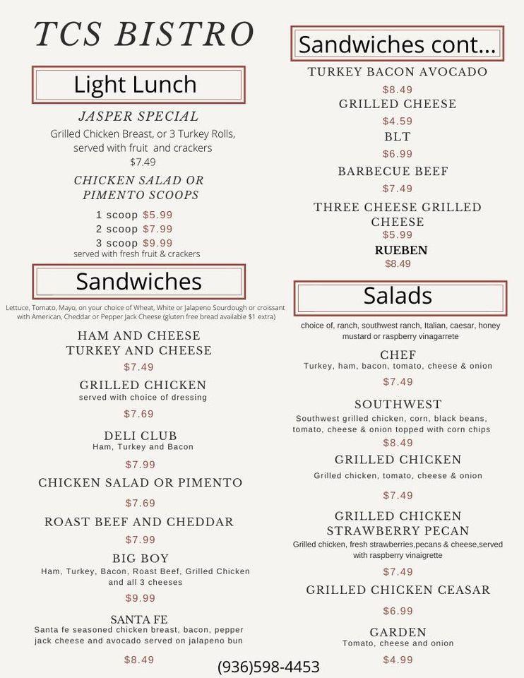 Menu at TCS Bistro (The Century Shoppe) pub & bar, Center