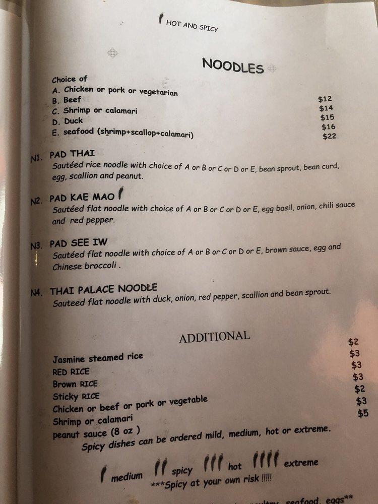 Menu at Thai Palace restaurant, Wolcott