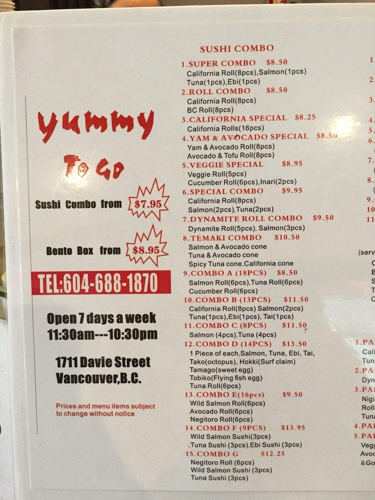 Menu at Yummy To Go restaurant, Vancouver