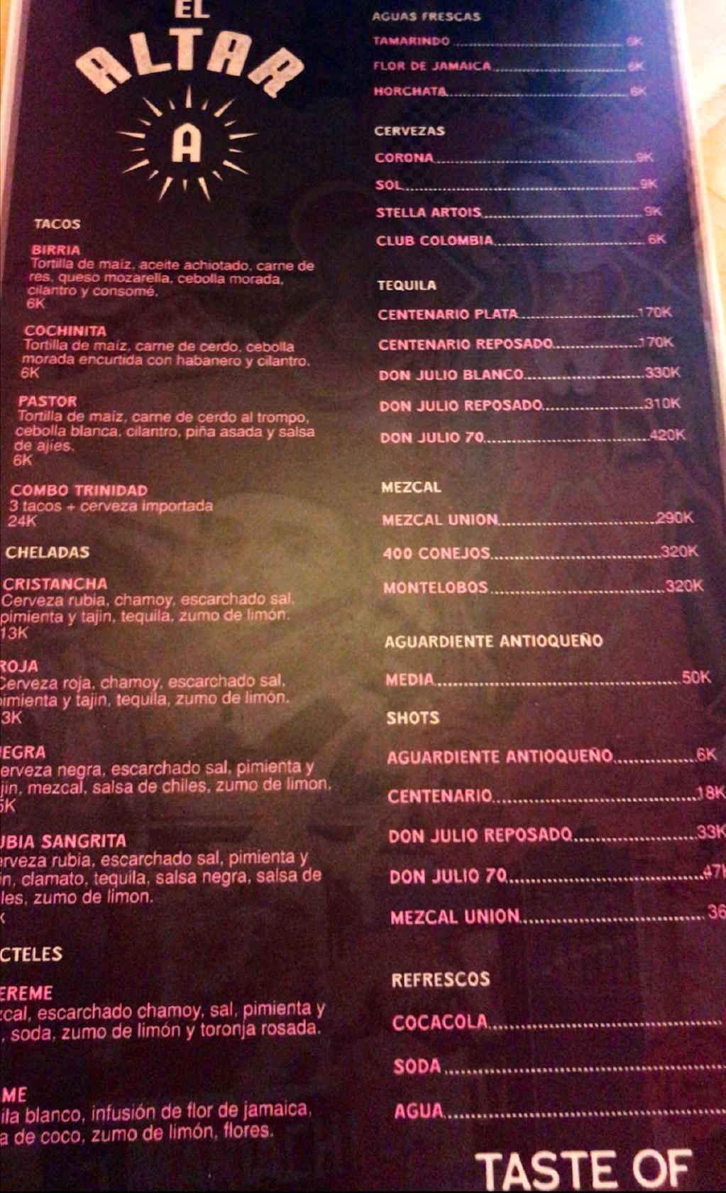 Carta del restaurante El Altar Taquería Manila, Medellín, Cra. 43E #11-50