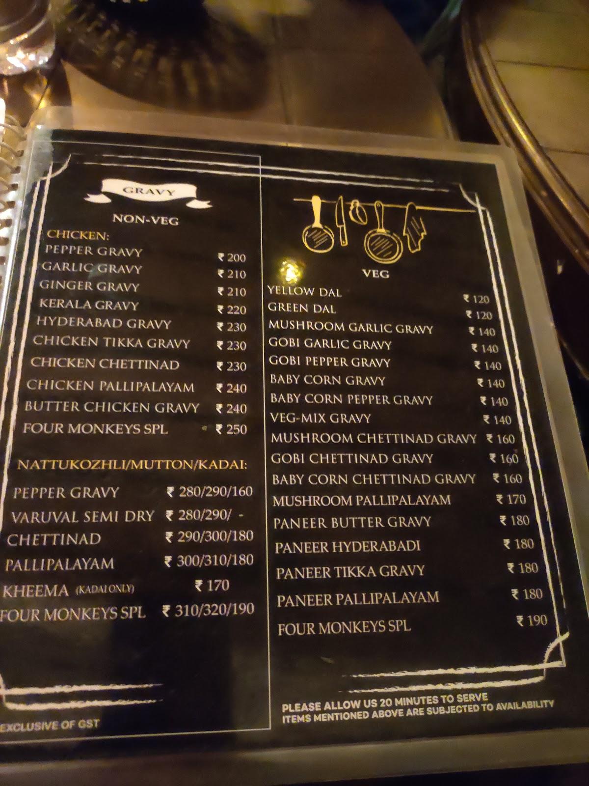 Menu at Four Monkeys Club, Avinashi