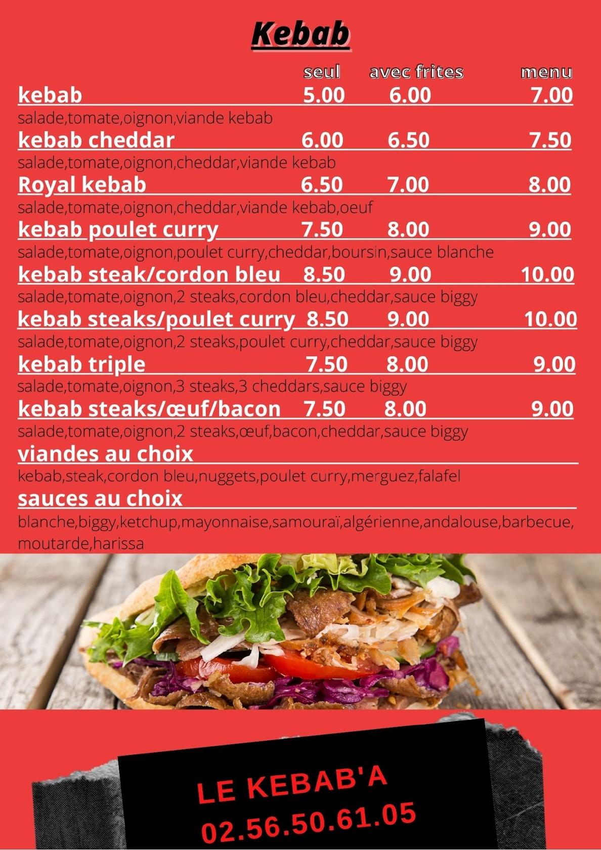 Carta del restaurante Le Kebab'a, La Gacilly