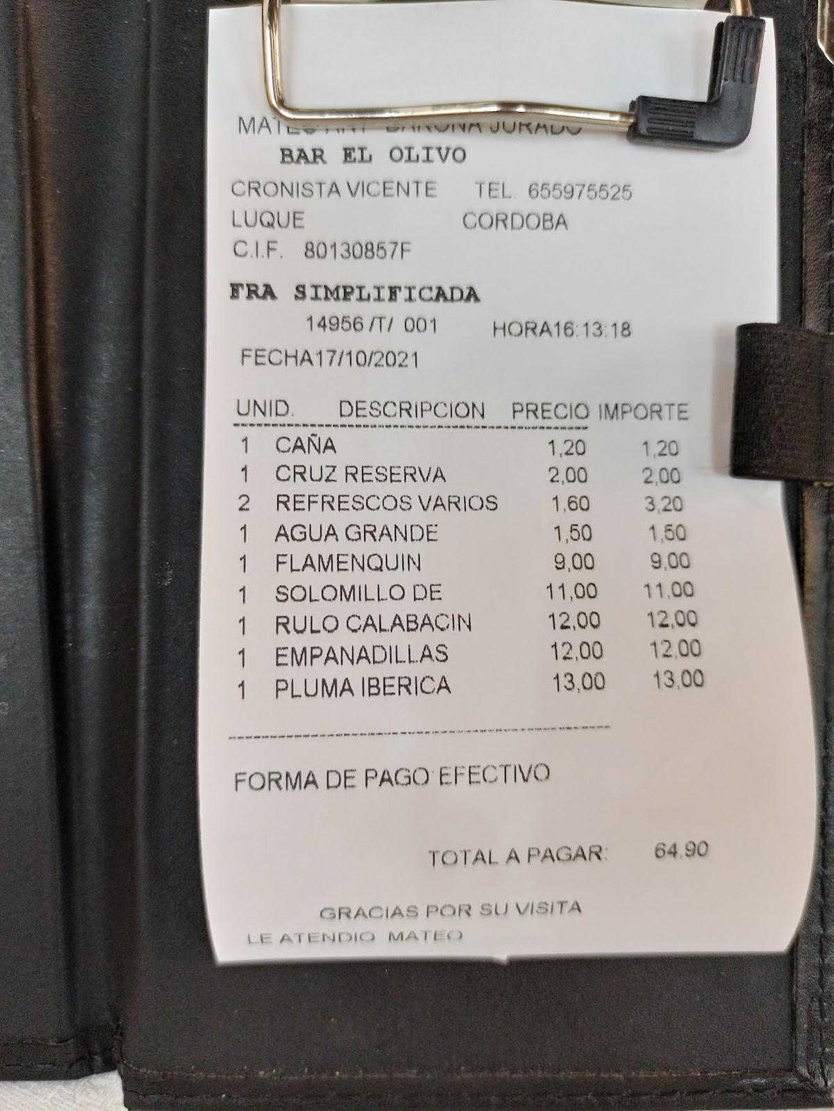 Carta de Restaurante El Olivo, Luque