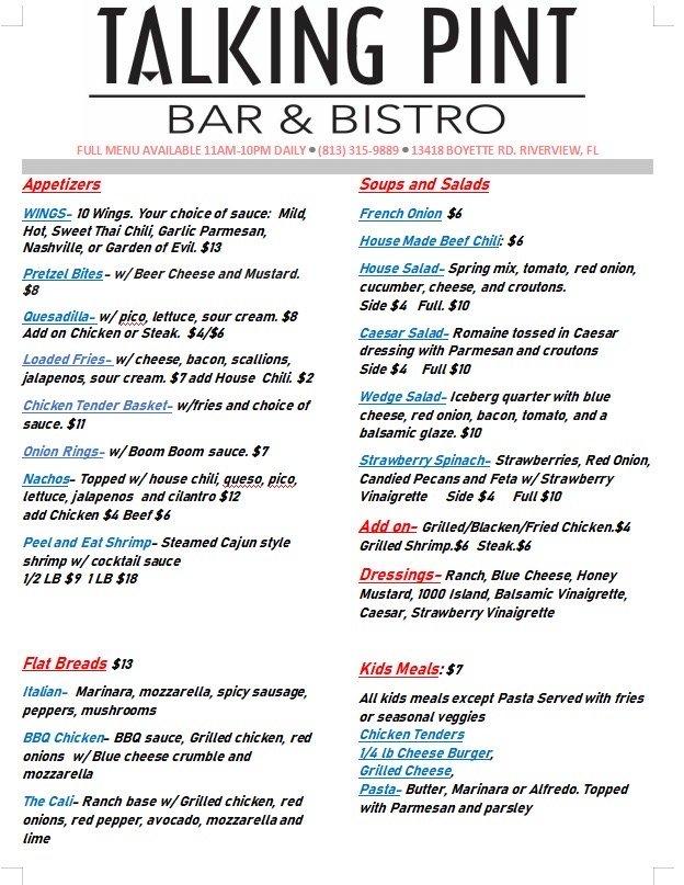 Menu at The Talking Pint Bar & Bistro, Brandon