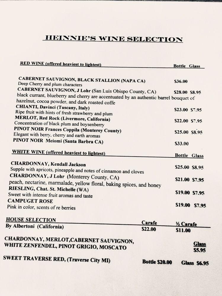 Menu at Heinnies steakhouse, Elkhart
