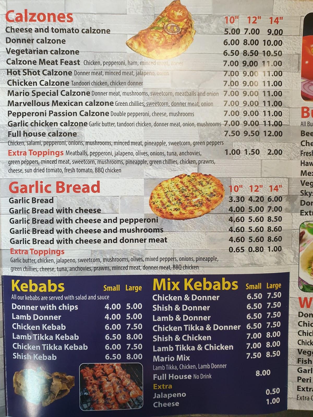 Menu at Mario Pizza pizzeria, Salford