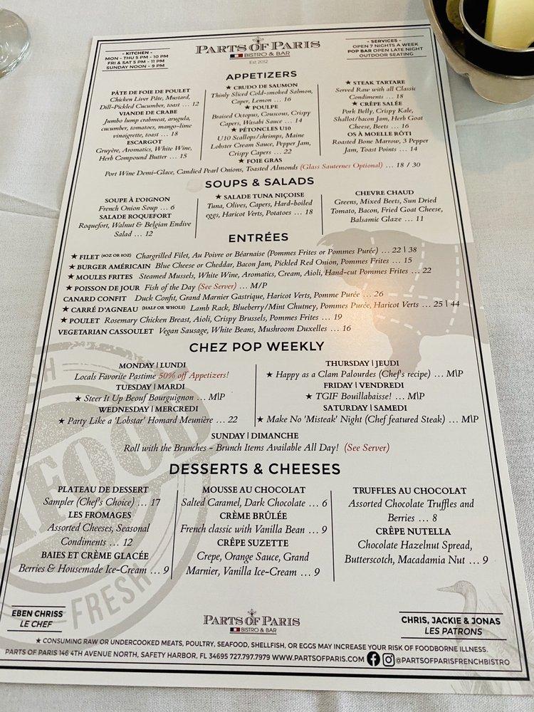 Menu at Parts of Paris Bistro & Bar, Safety Harbor