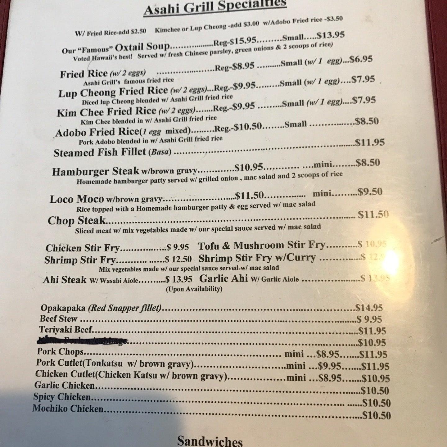 Menu at Asahi Grill Ward restaurant, Honolulu, 515 Ward Ave