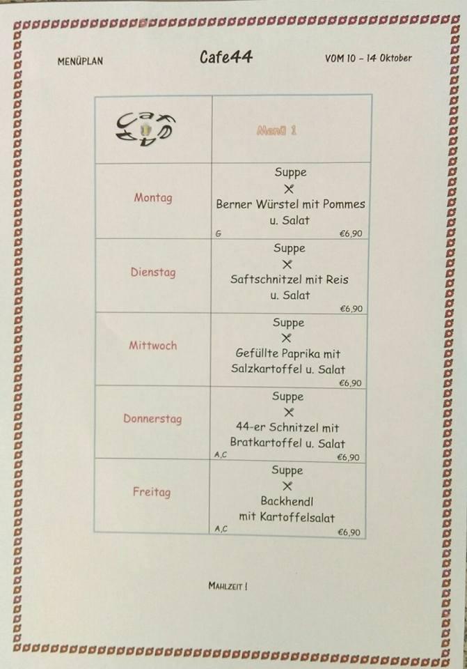 Menu at Cafe44, Graz, Wiènerstraße 44