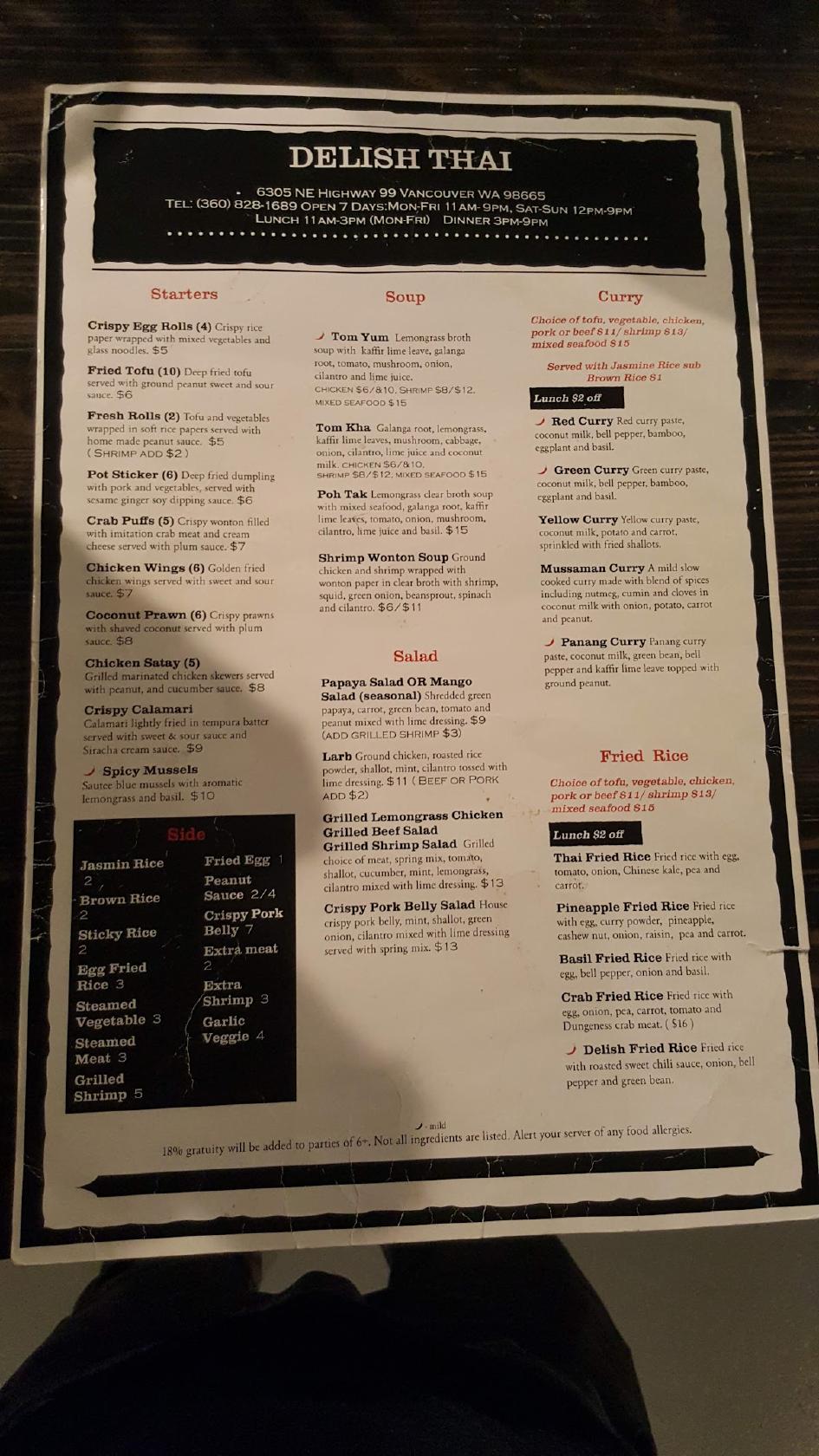 Menu at Delish Thai restaurant, Vancouver