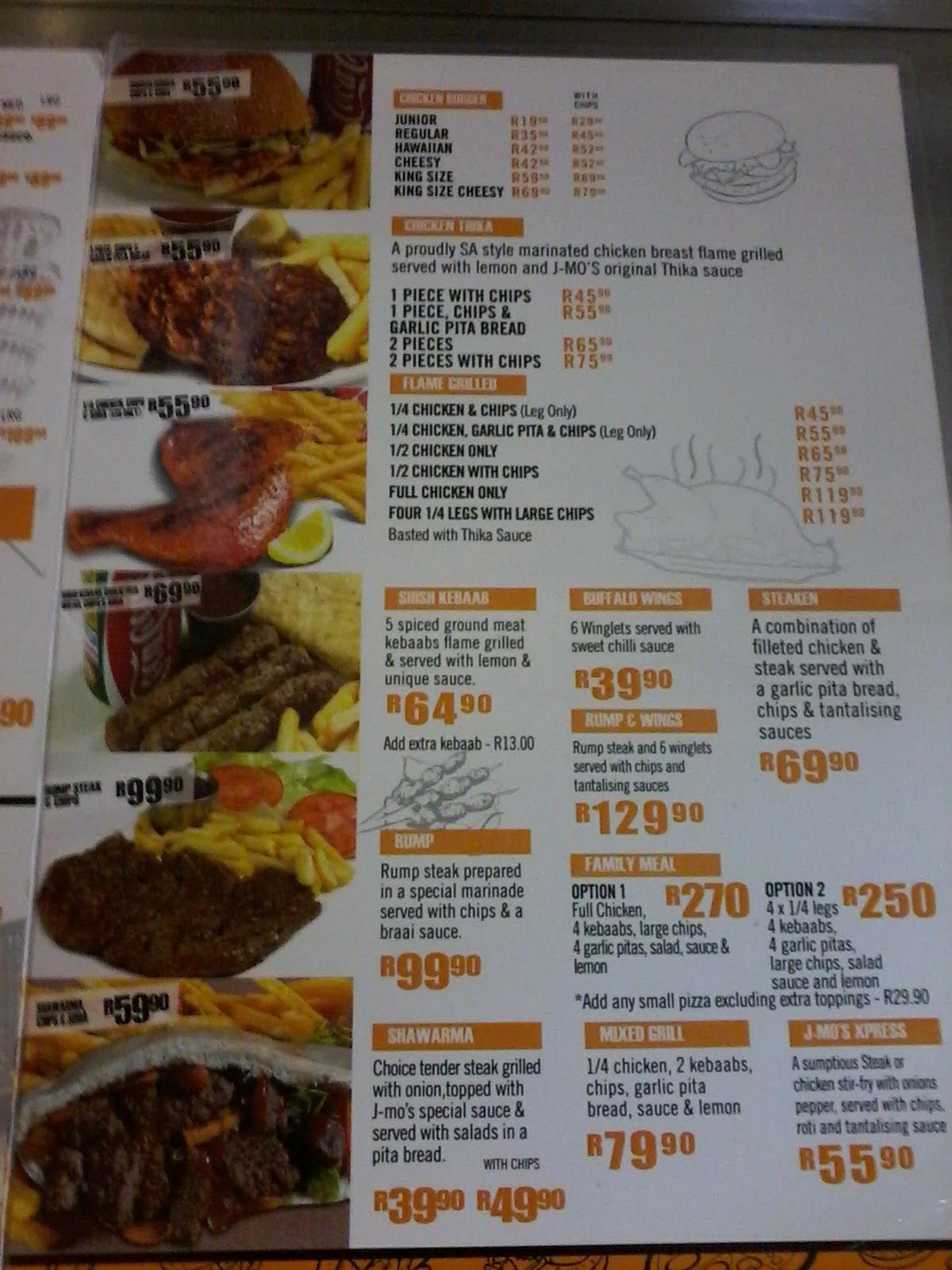 Menu at J-mo's overport sasol restaurant, Durban, 465 Randles Rd