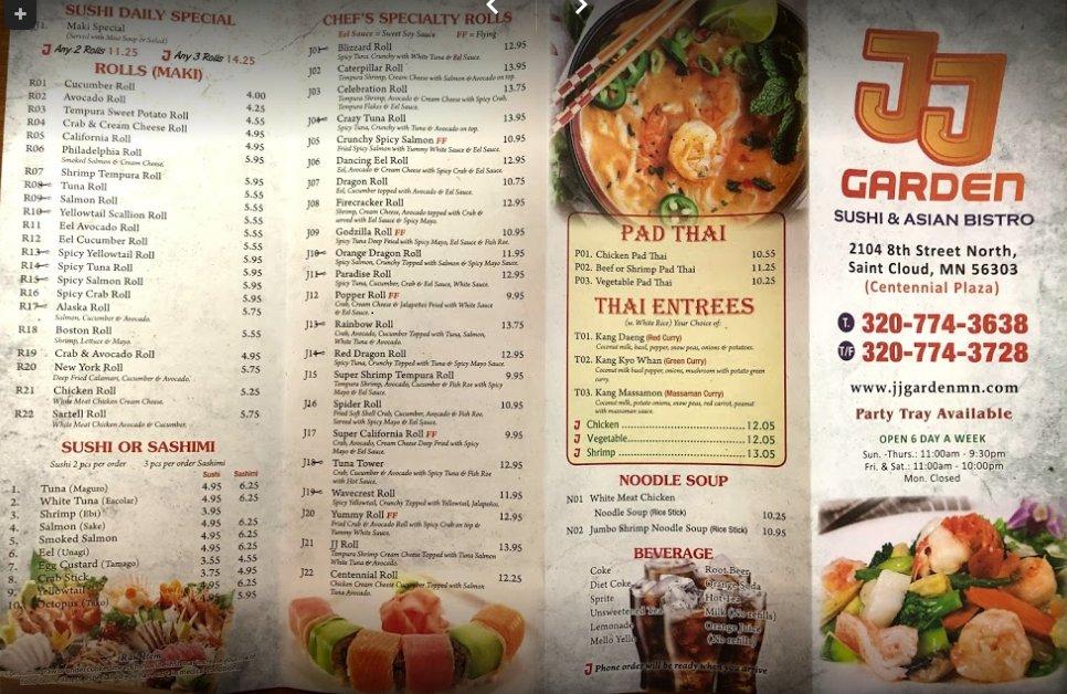 Menu at JJ Garden restaurant, St. Cloud