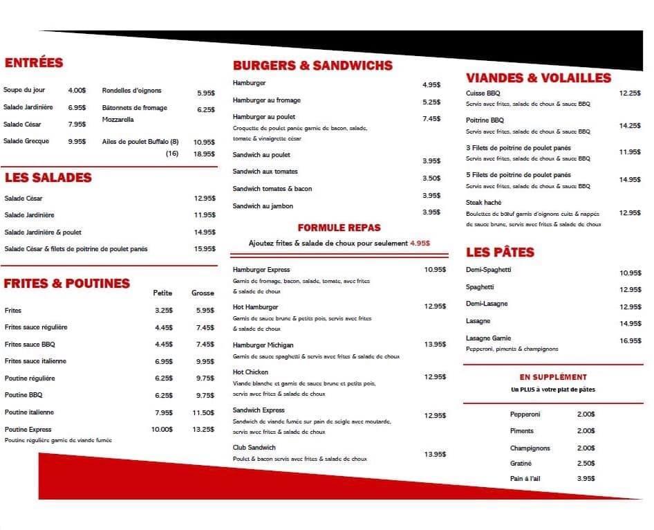 Menu au Restaurant L'Express, Sainte-Anne-des-Monts