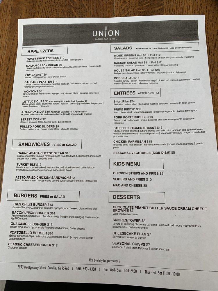 Menu at Union restaurant, Oroville