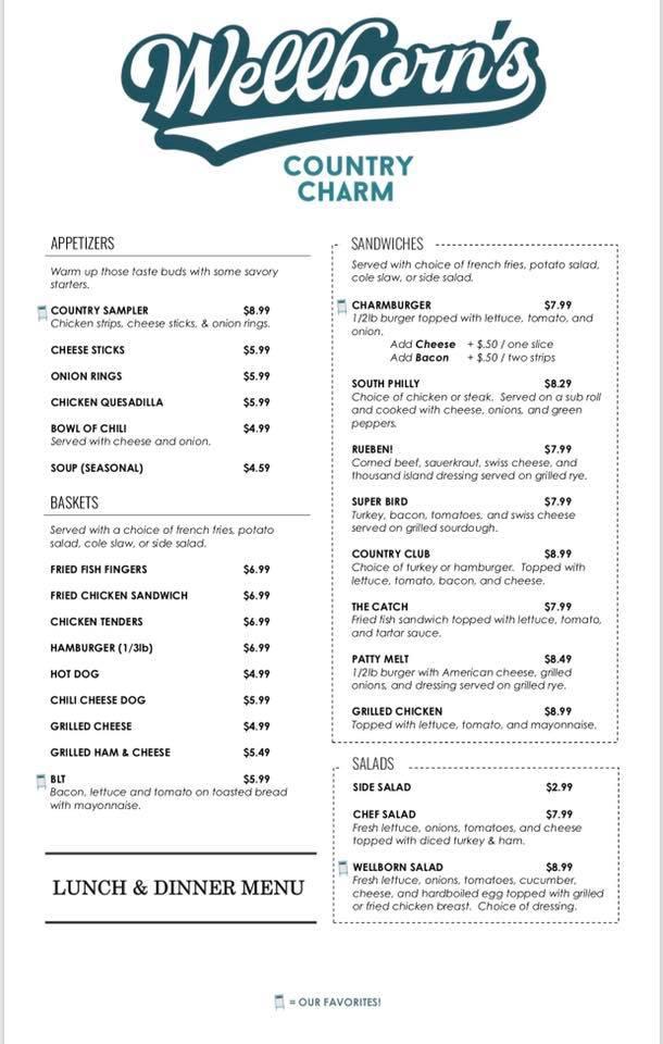 Menu at Wellborn's Country Charm restaurant, Wellborn
